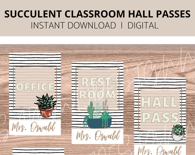 Succulent Classroom Hall Passes for Teachers, Set of 5, Digital ...