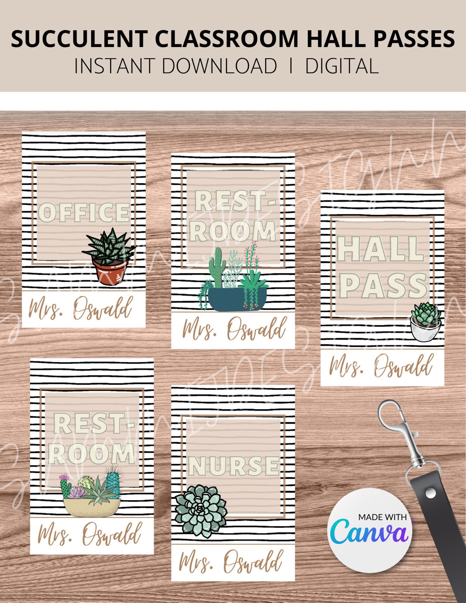 Succulent Classroom Hall Passes for Teachers, Set of 5, Digital ...