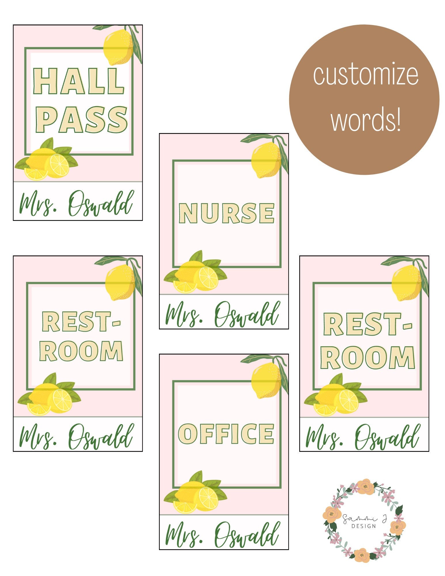 Lemon Theme Classroom Hall Passes for Teachers, Personalized, Set of 5 ...