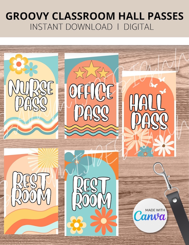 DIGITAL Retro Classroom Hall Passes for Teachers, Set of 5, Digital ...