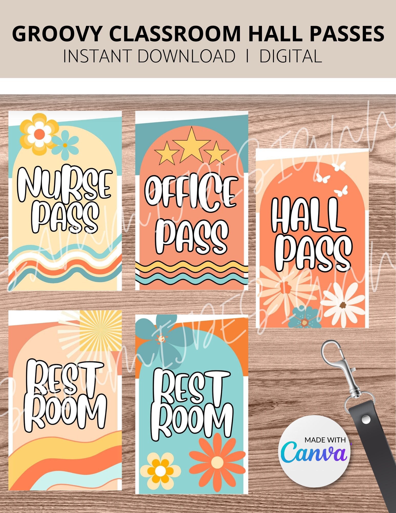 DIGITAL Retro Classroom Hall Passes for Teachers, Set of 5, Digital ...
