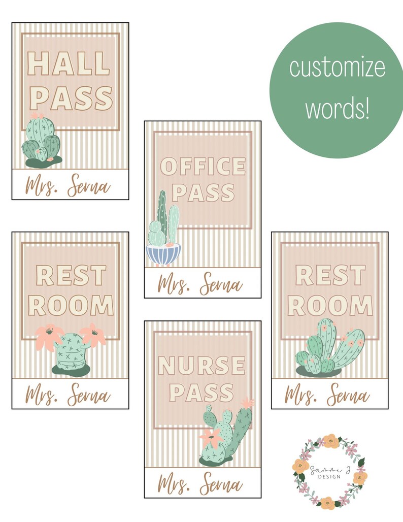 SUCCULENT Classroom Hall Passes for Teachers, Personalized, Set of 5 ...