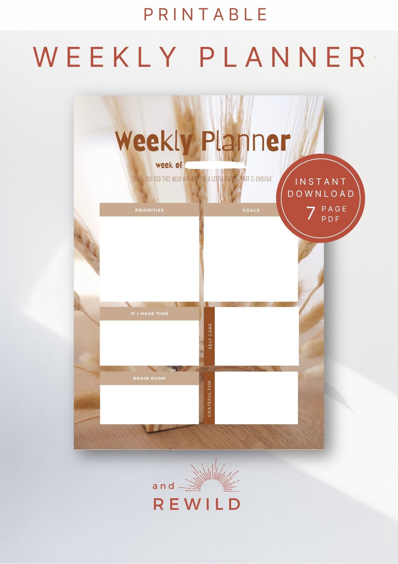 Boho Printable Weekly Planner undated Minimal Design Goals Self Care ...