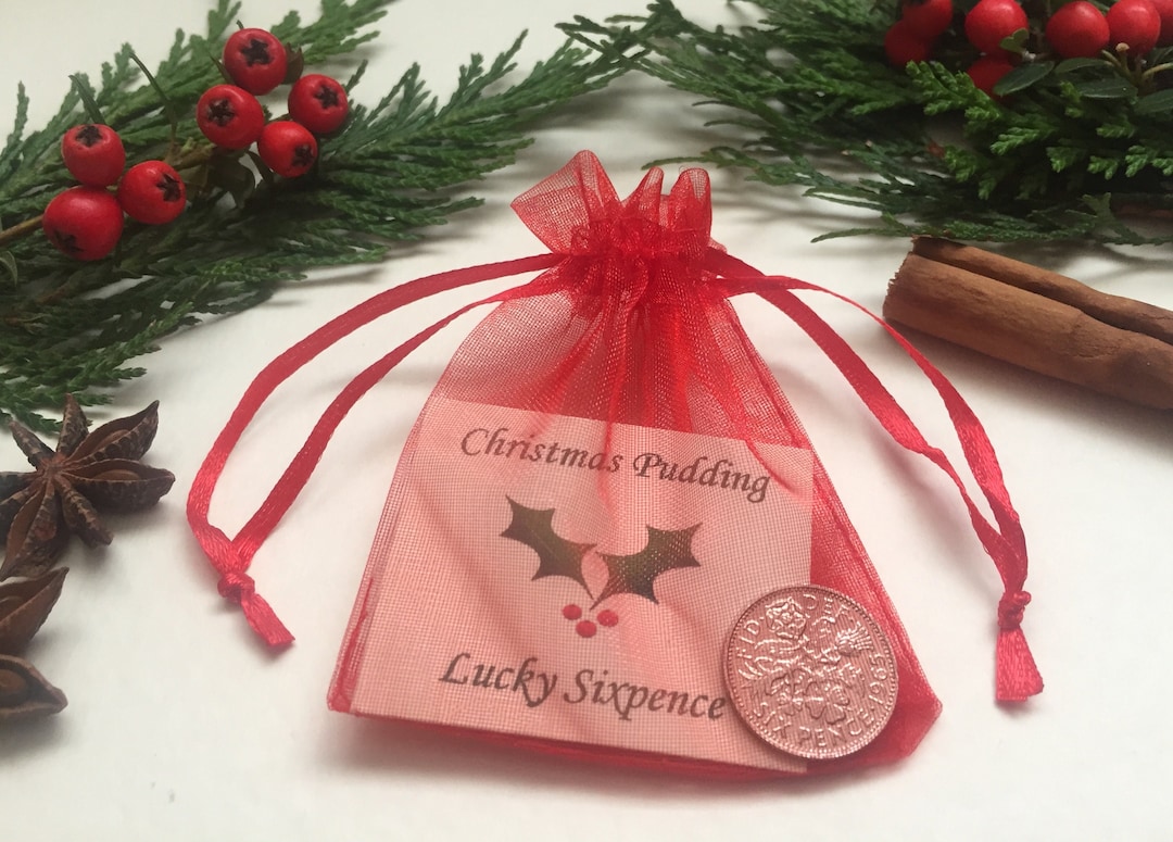 Christmas Pudding Lucky Silver Sixpence in Organza Gift Bag ...