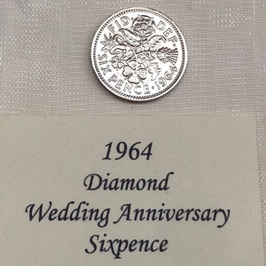1964 Sixpence Diamond Wedding Anniversary Gift in Organza Gift Bag for 60th Card Traditional ...
