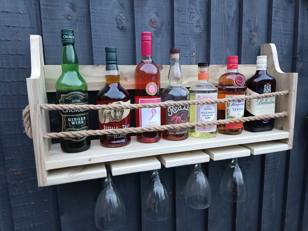 PERSONALISED Wall Mounted Gin Rack Handcrafted Rustic Wood Bar Wooden ...