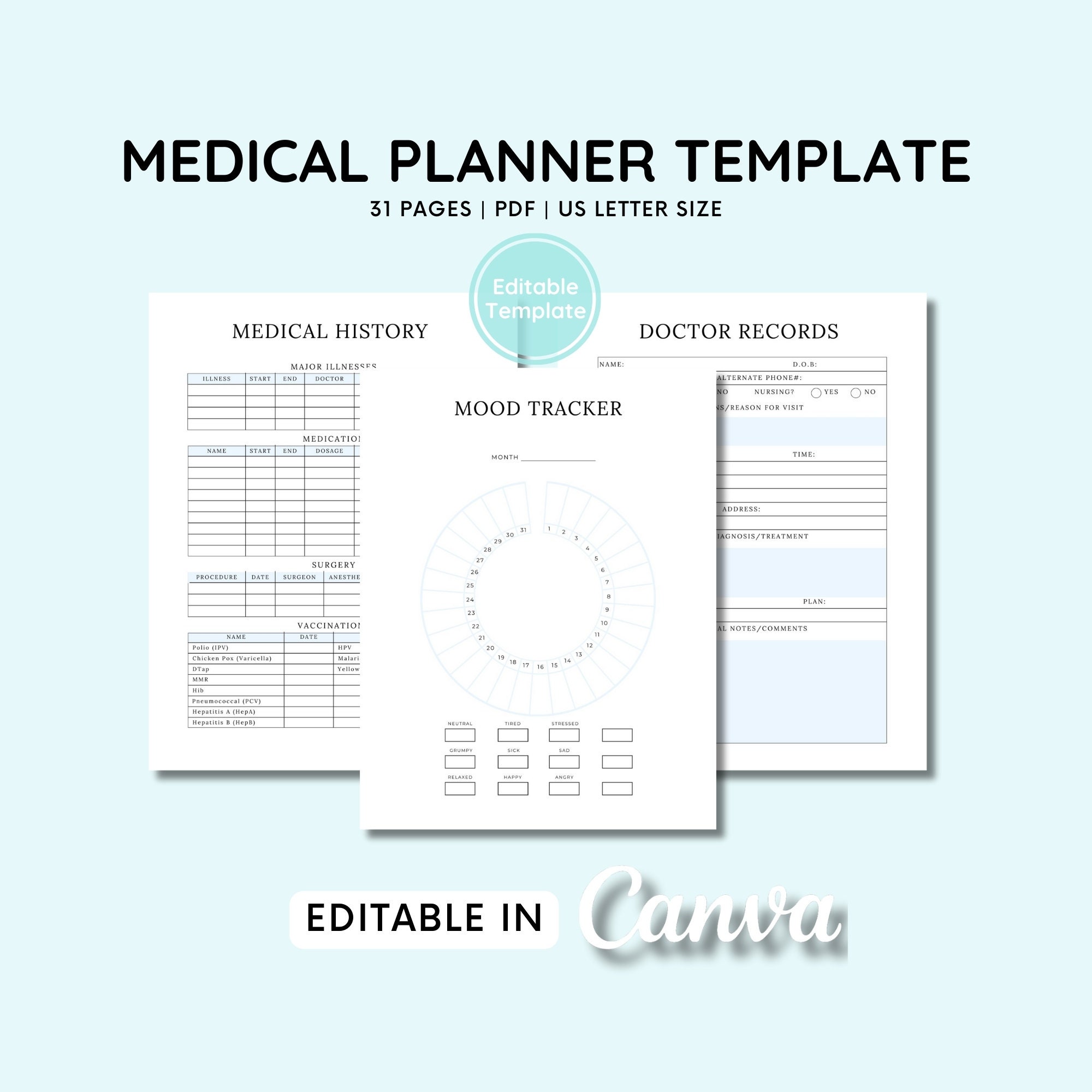 Editable Health Planner, Printable Health Tracker Template, Doctor ...