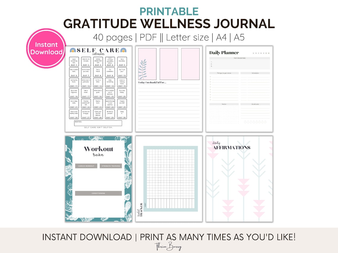 Printable Gratitude Journal, 40 Page Health Wellness Journal With Meal ...