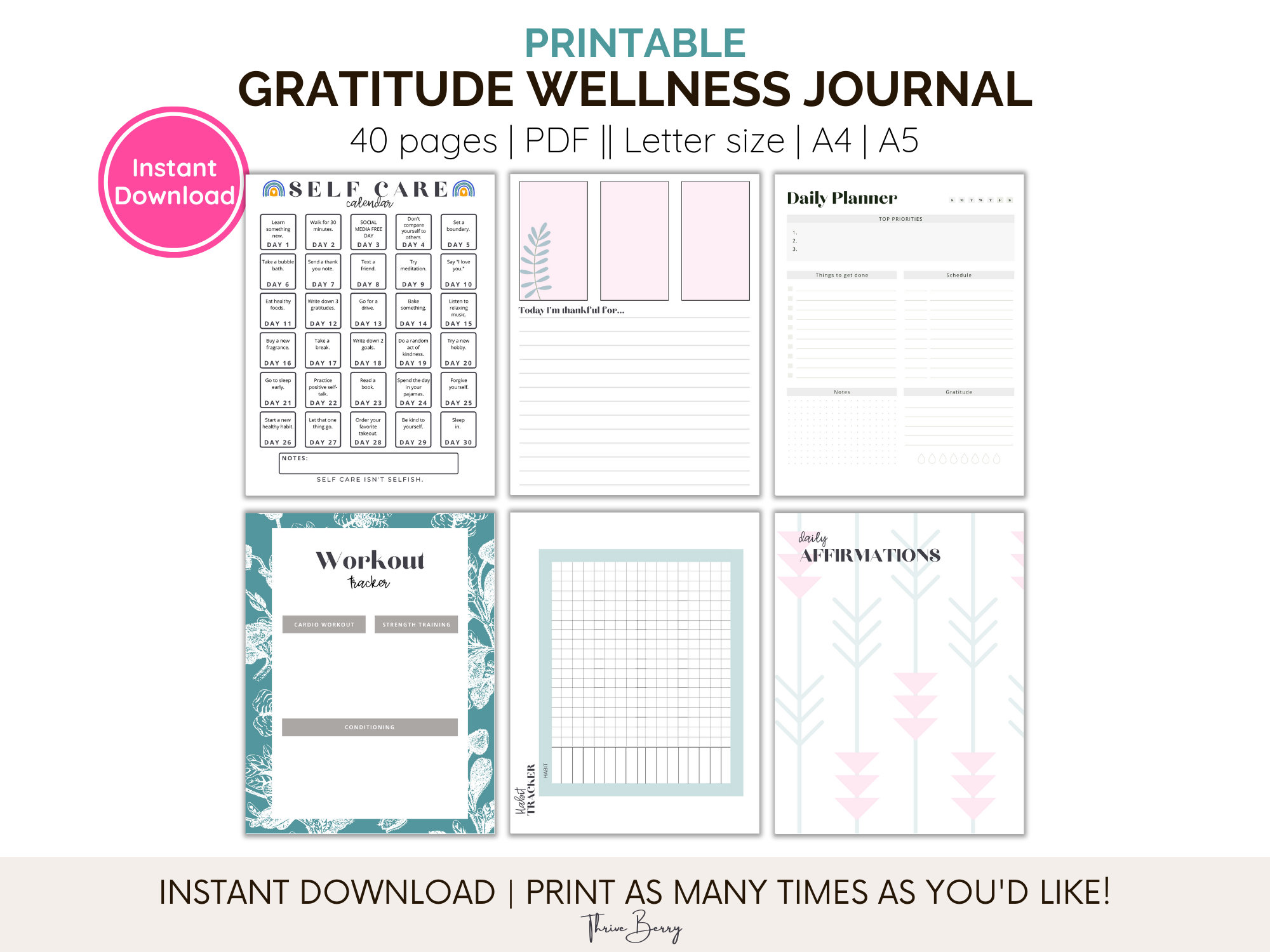 Printable Gratitude Journal, 40 Page Health Wellness Journal With Meal ...