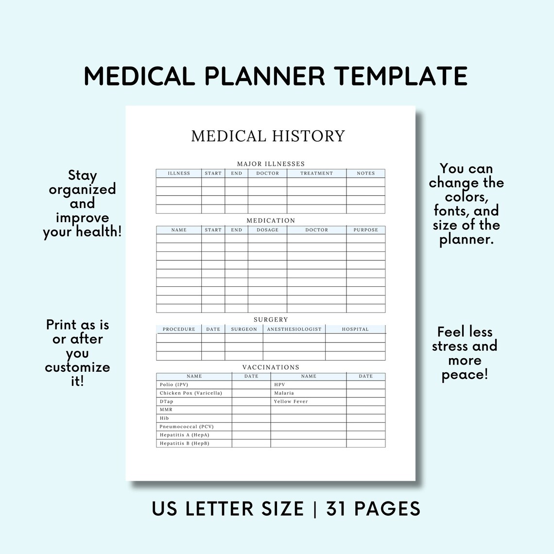 Editable Health Planner, Printable Health Tracker Template, Doctor ...
