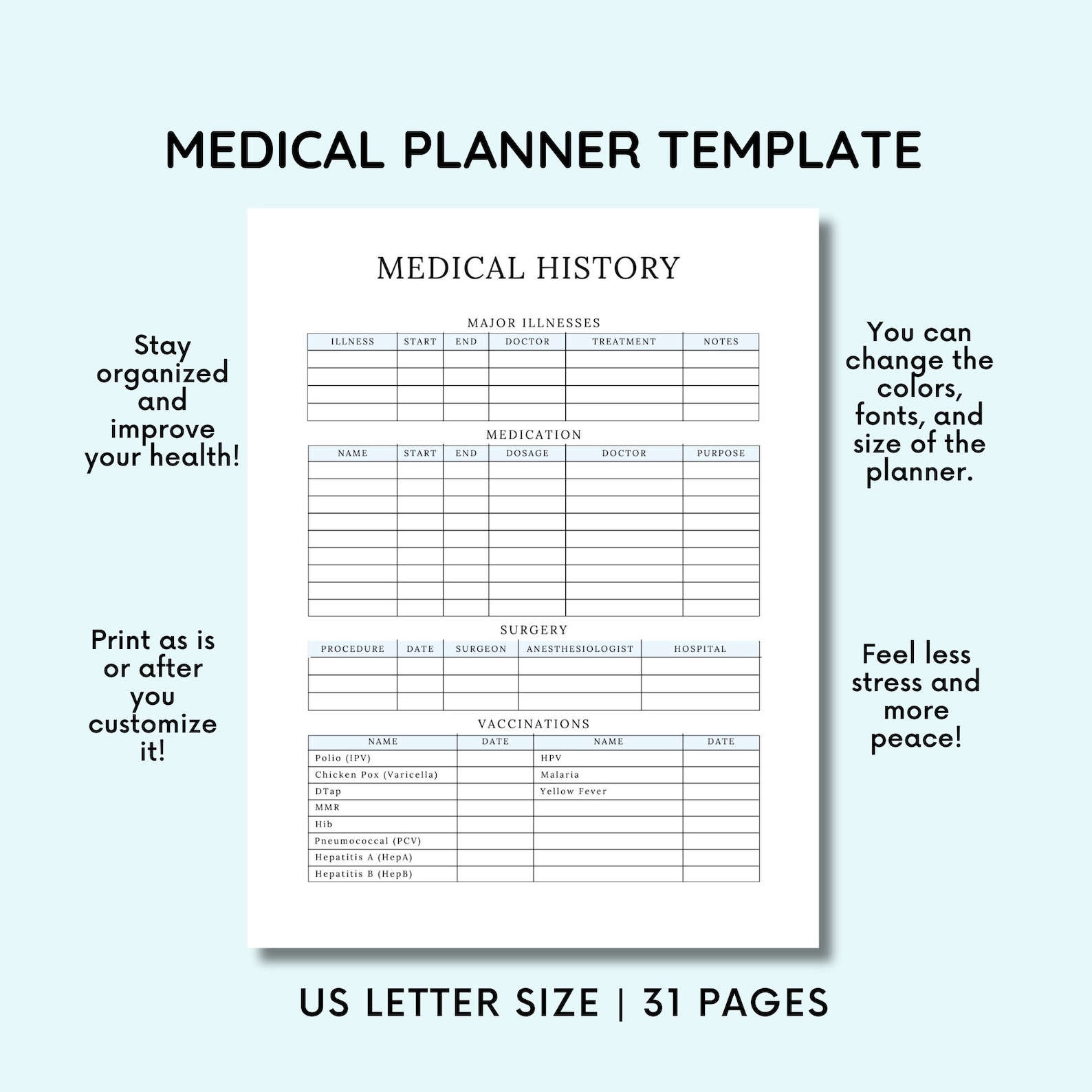 Editable Health Planner, Printable Health Tracker Template, Doctor ...