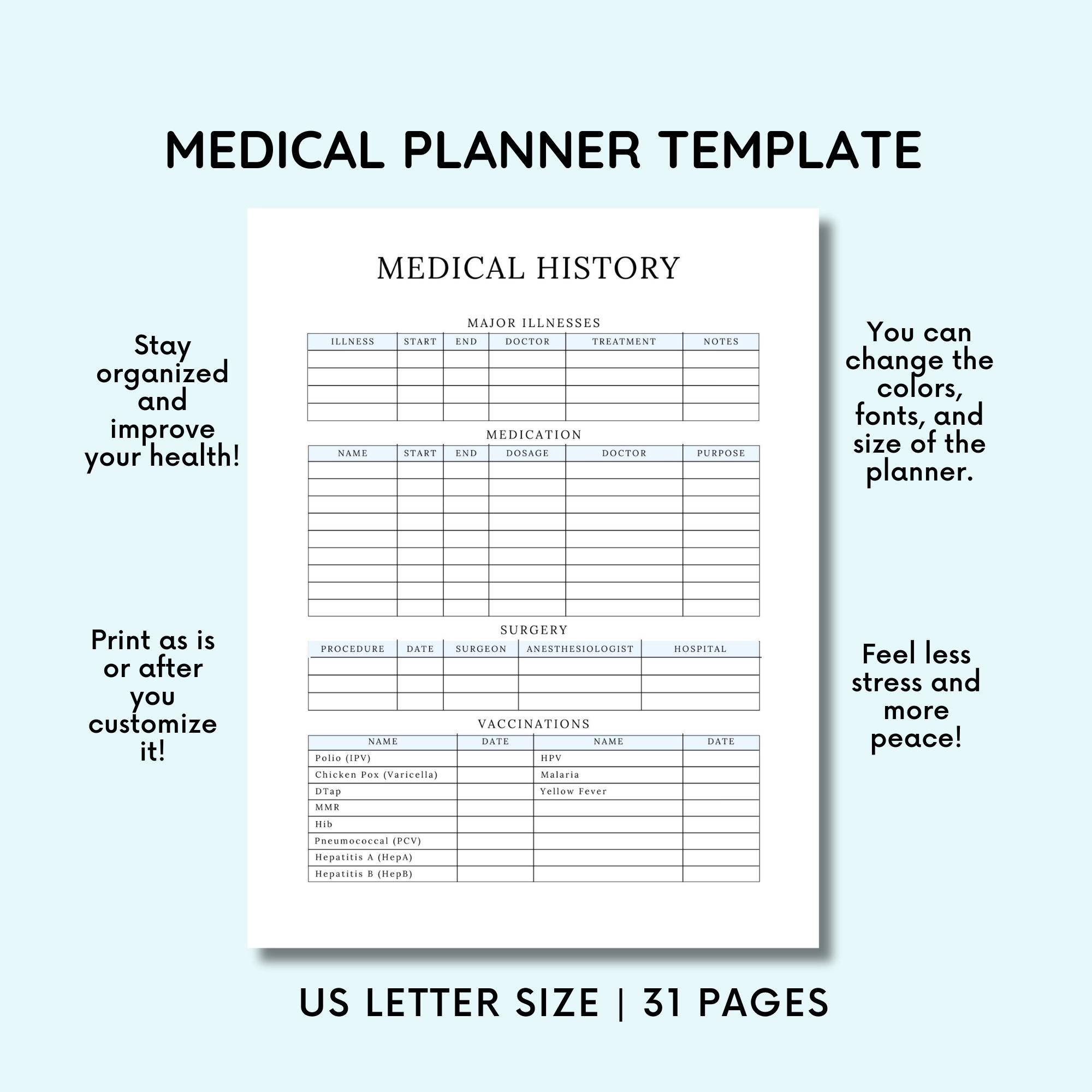 Editable Health Planner, Printable Health Tracker Template, Doctor ...