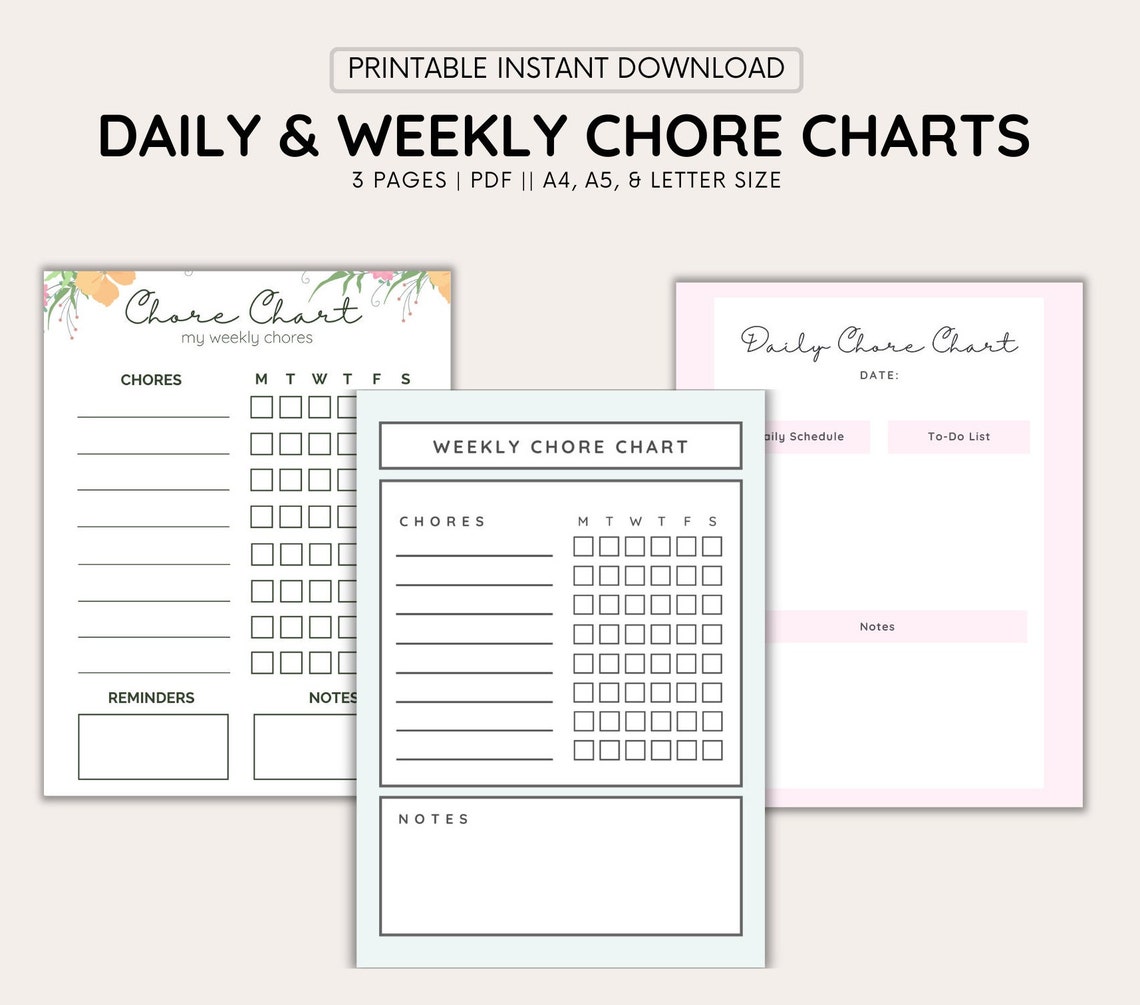 Weekly Daily Chore Chart Printable, Weekly Chore Chart Printable, Daily ...