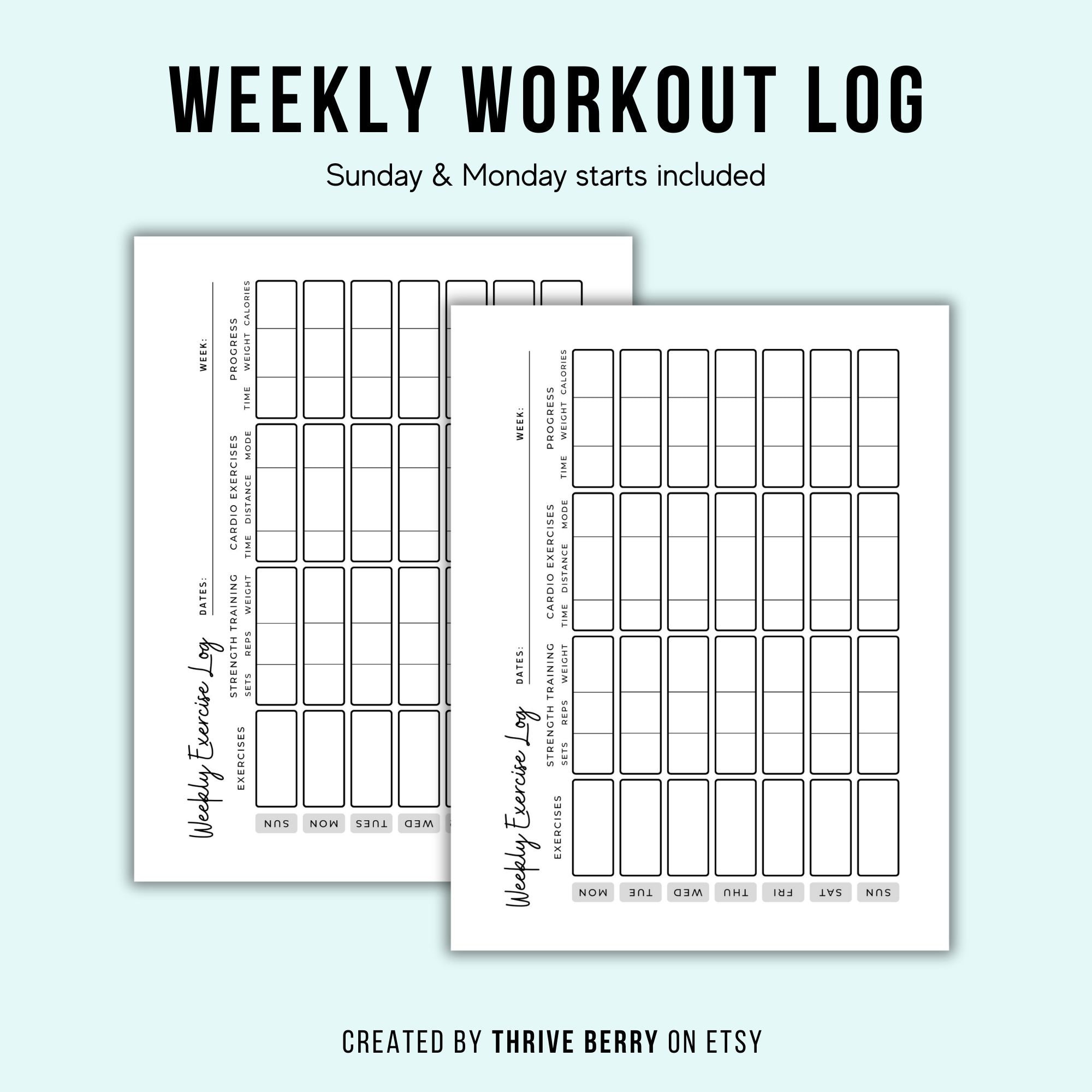 Printable Weekly Exercise Log, Exercise Tracker, Workout Log, Yoga ...