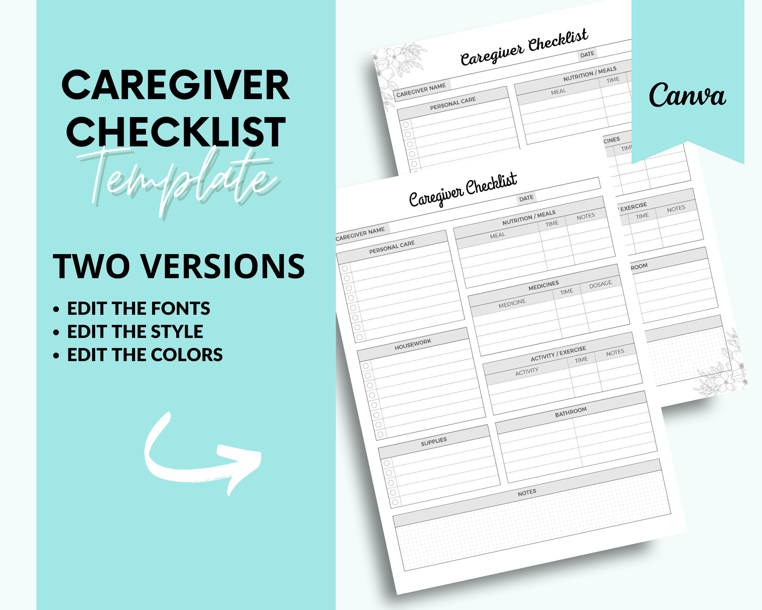 Caregiver Checklist Template, Caregiver Daily Log, Daily Tasks ...