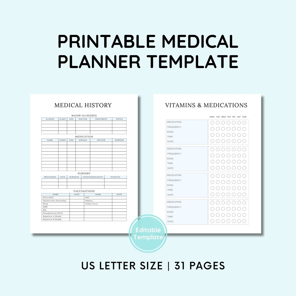 Editable Health Planner, Printable Health Tracker Template, Doctor ...