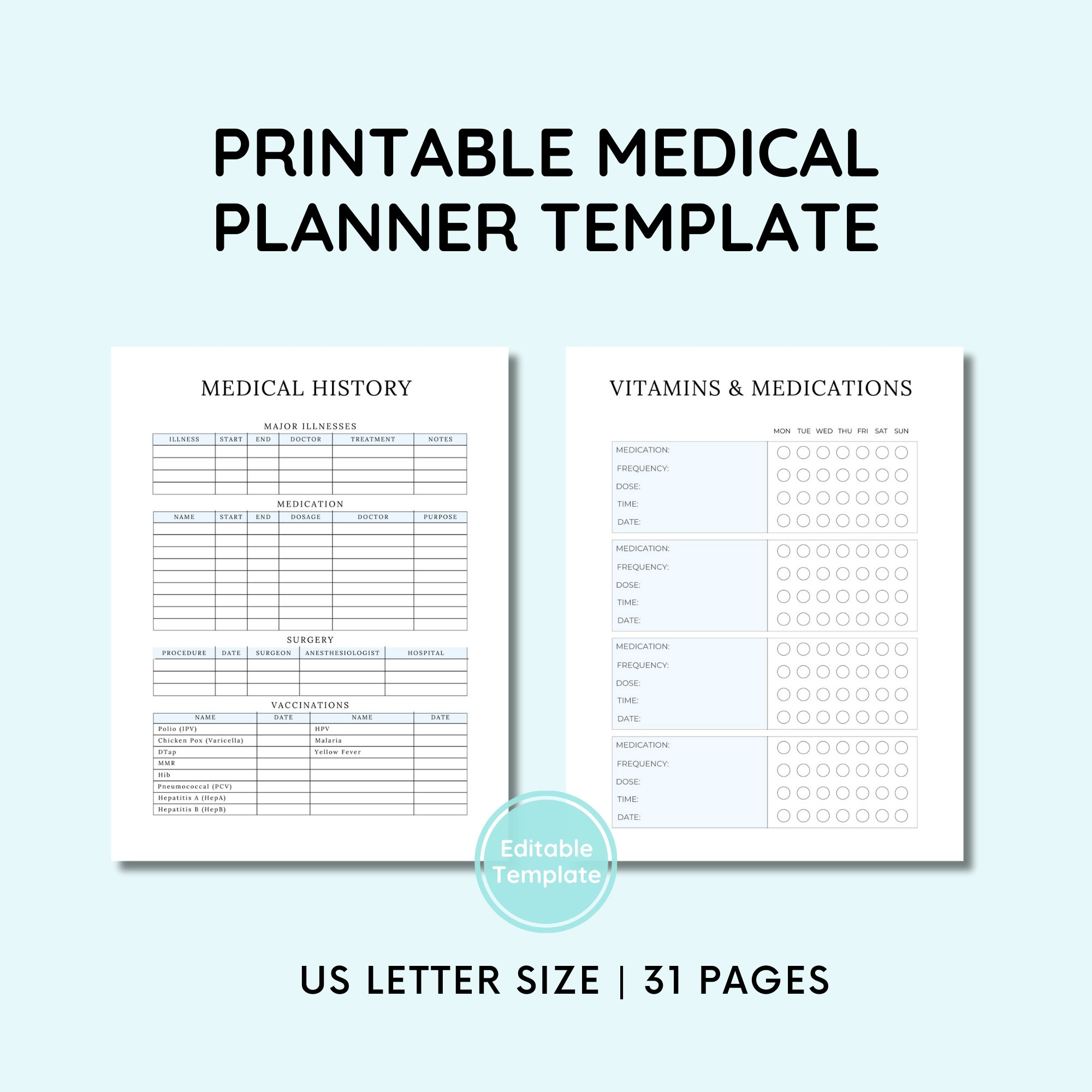 Editable Health Planner, Printable Health Tracker Template, Doctor ...