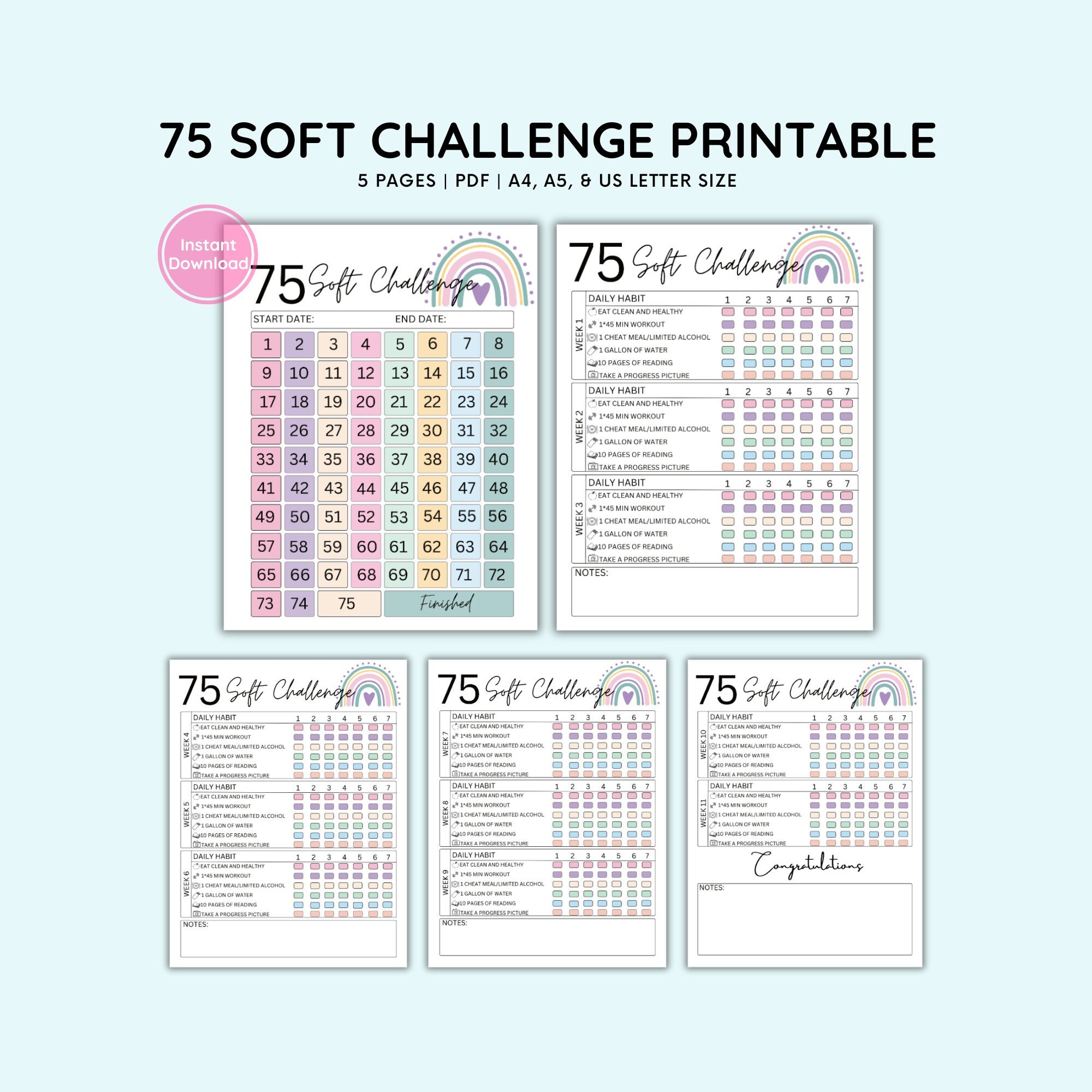 75 Day Soft Challenge Printable Bundle, Fitness Journal, Fitness ...