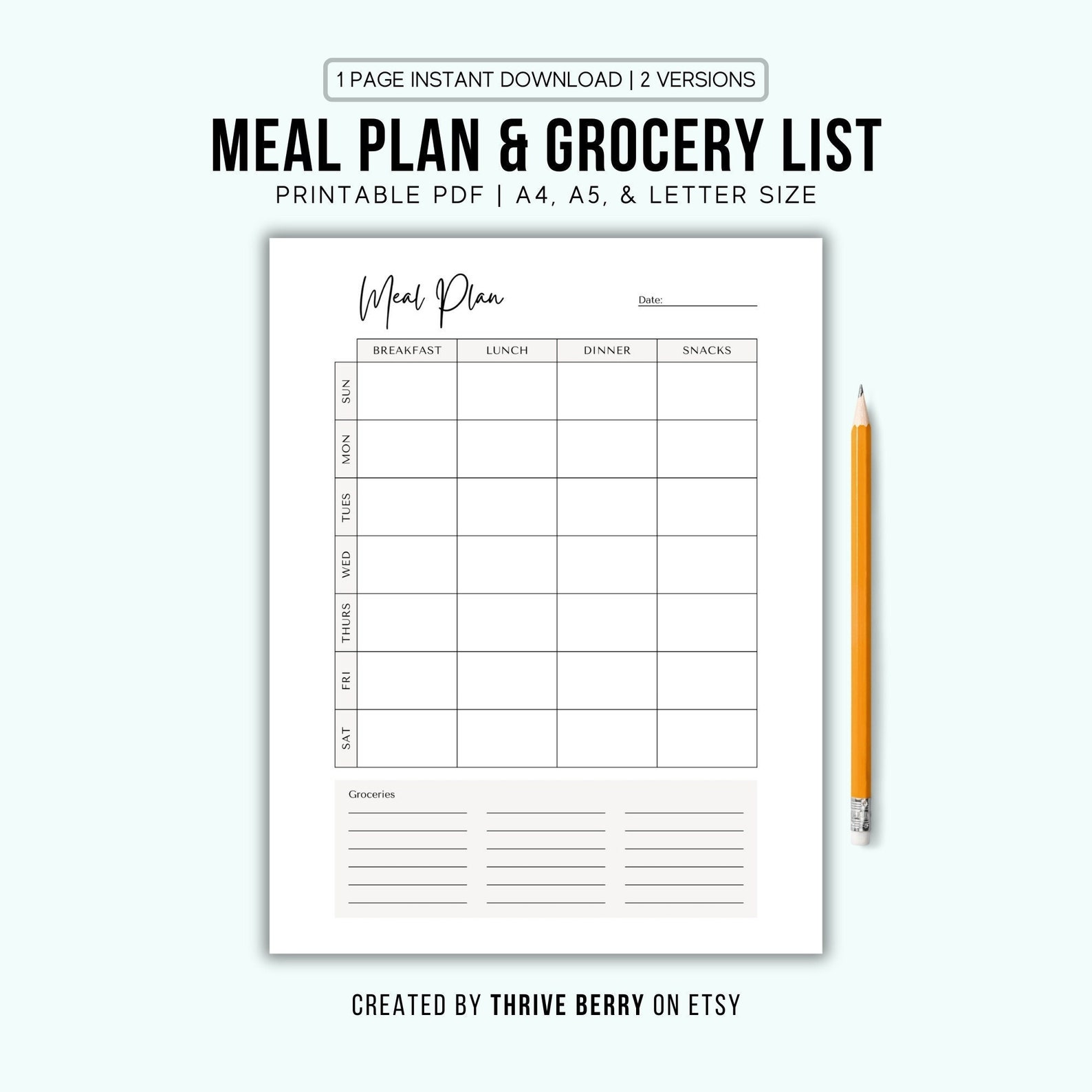 Meal Planner and Grocery List Printable Sheets, Grocery List, Meal Plan ...