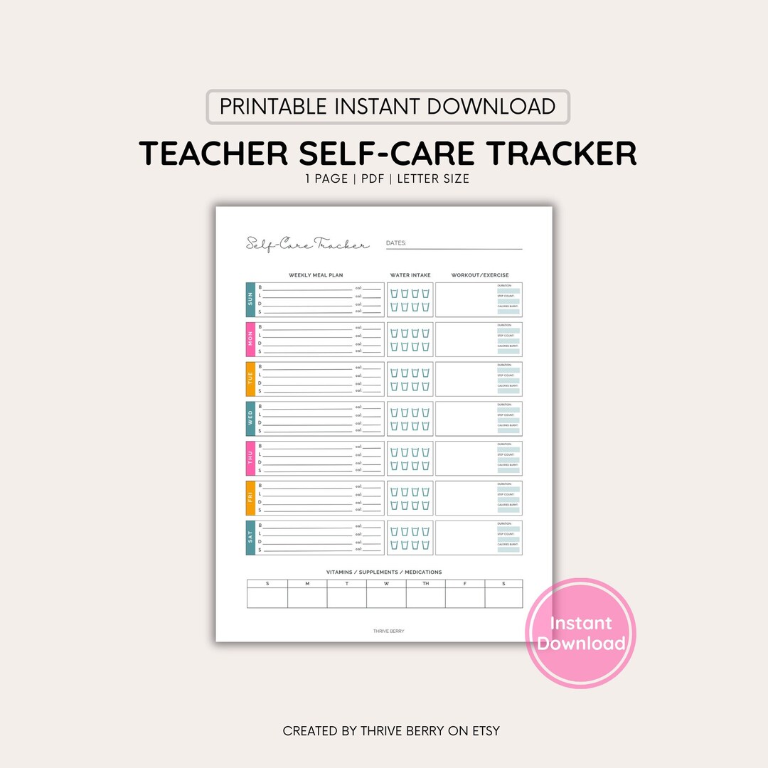 Teacher Self Care Tracker Printable, Self Care Planner, Mental Health ...
