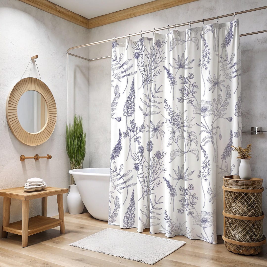White Floral Boho Shower Curtain, White Shower Curtain, Botanical ...