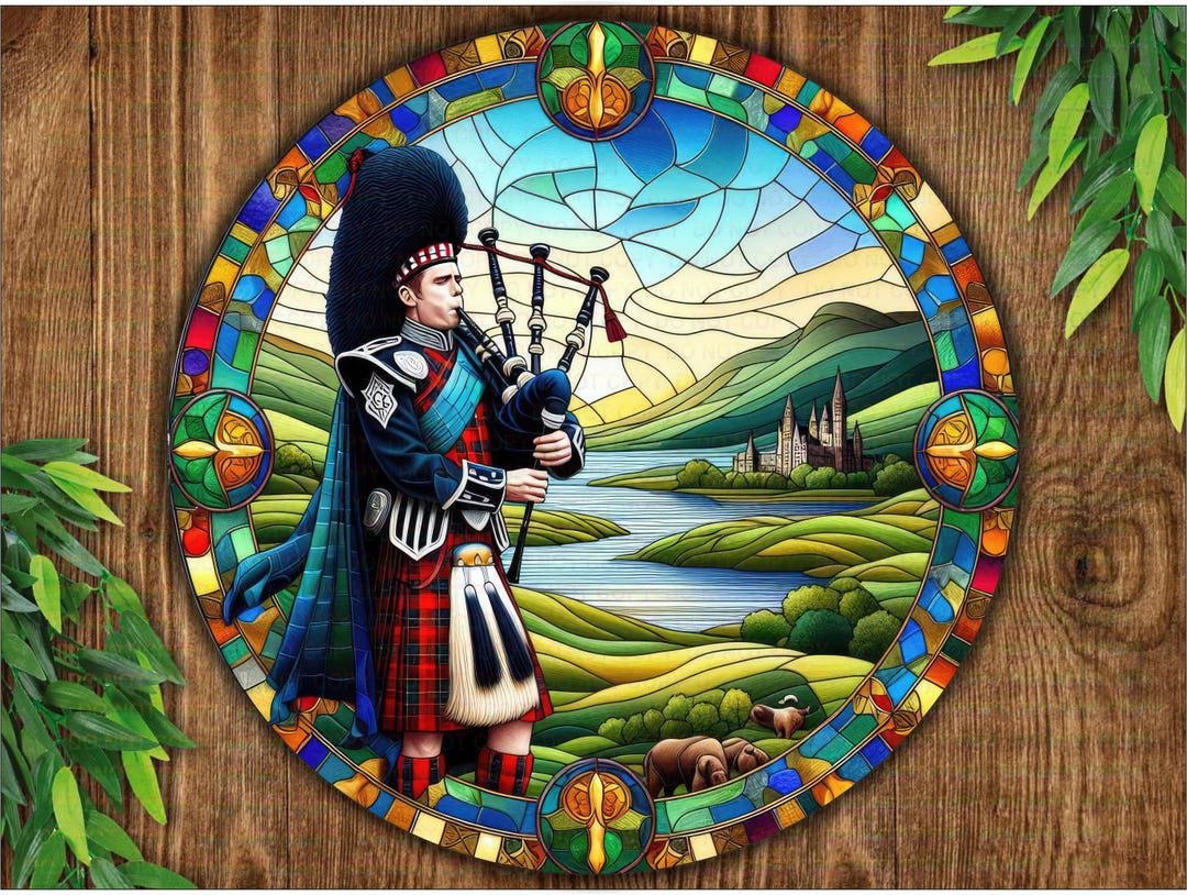 Scottish Highland Piper Sign, Faux Stained Glass Plaque, Garden ...