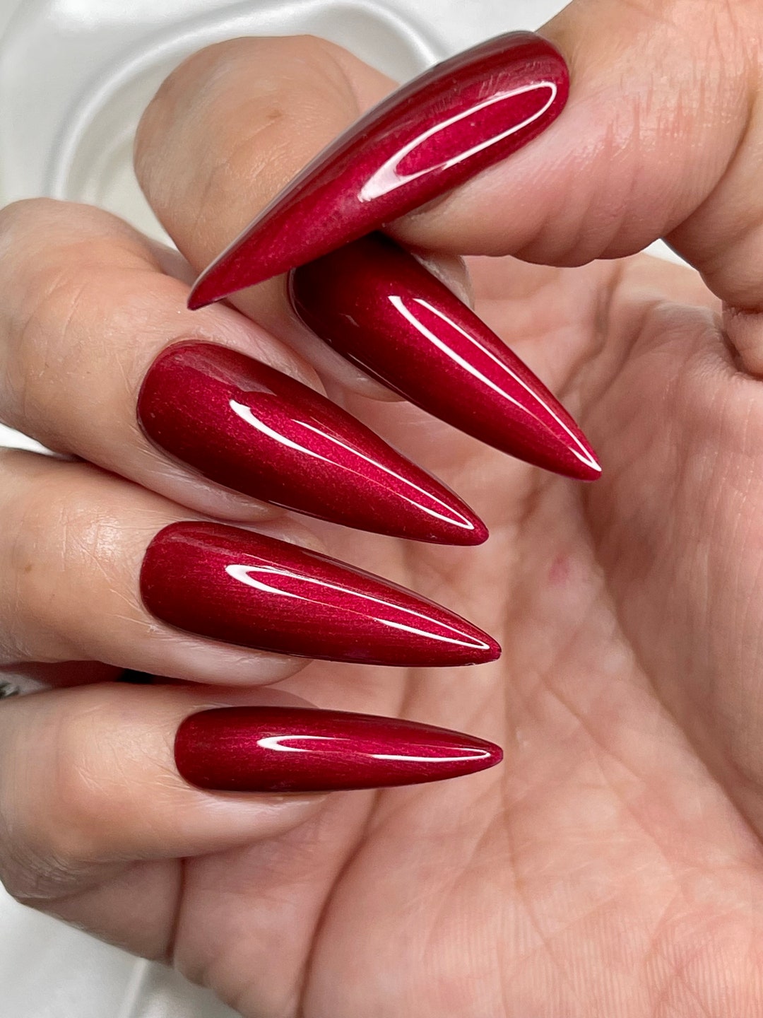 Dark Red Shimmer Press on Nails + Free Nail Prep Kit | Luxurious Nails ...