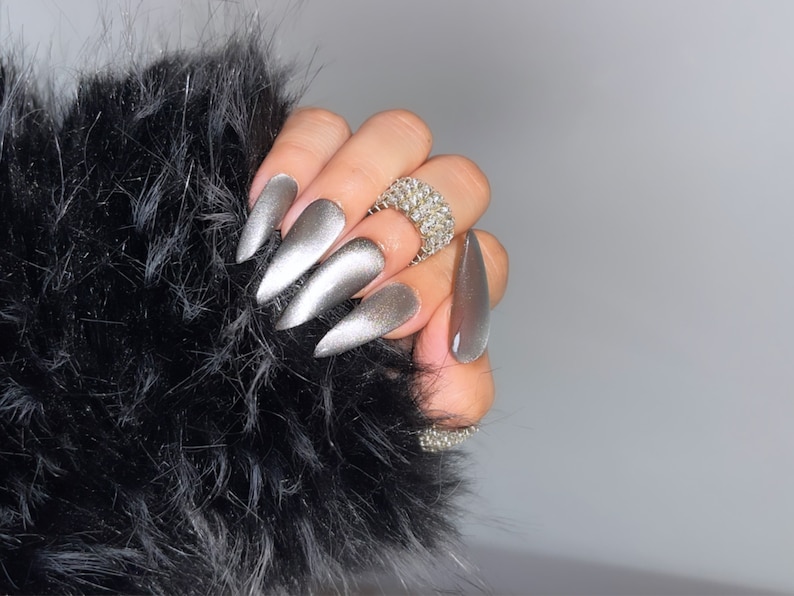Silver Cat Eye Press on Nails Cat Eye Nails Long Nails - Etsy