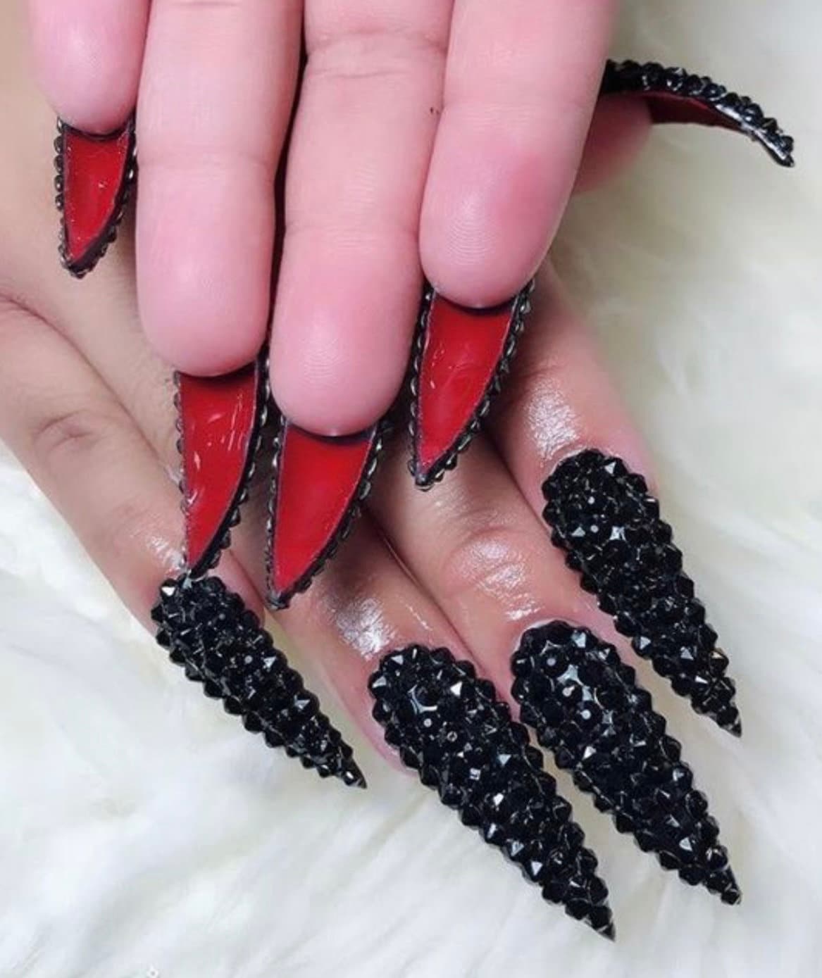 Red And Black Nails With Diamonds