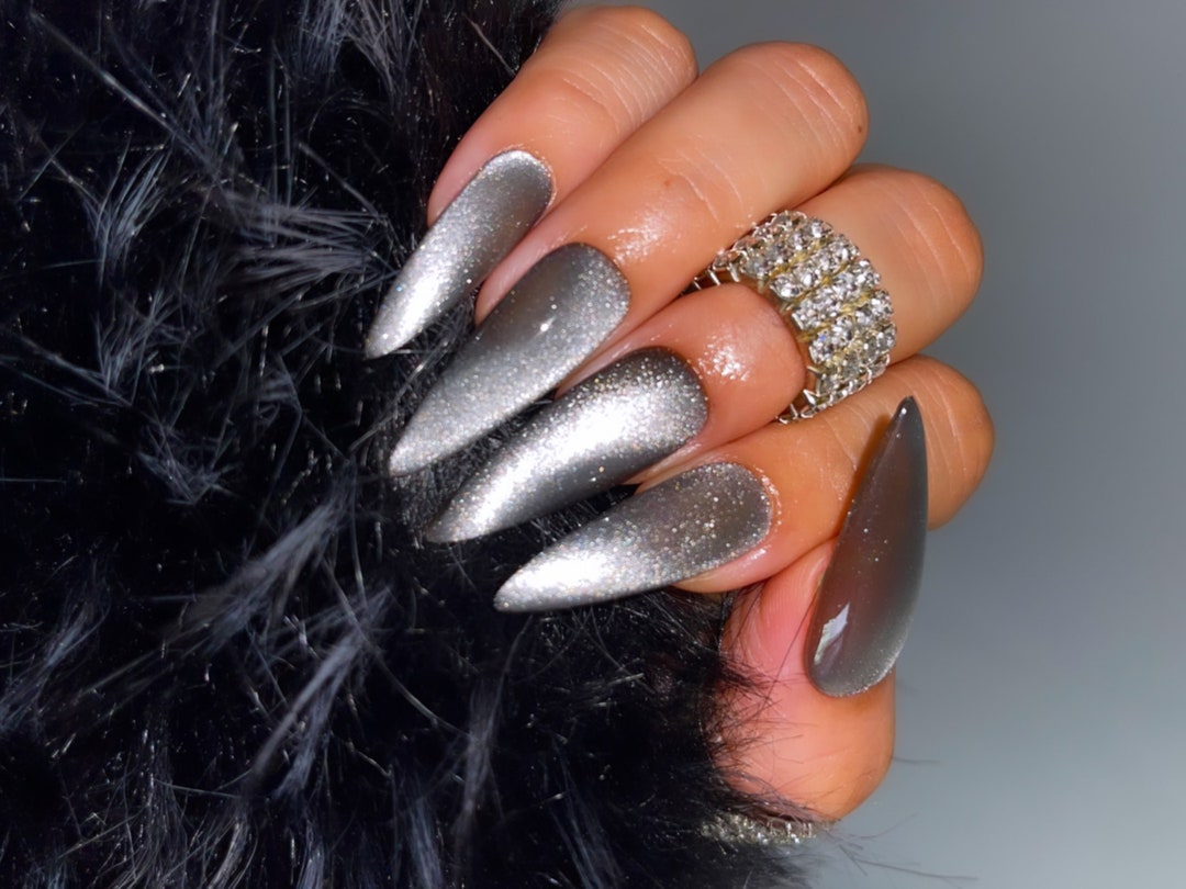 Silver Cat Eye Press on Nails | Cat Eye Nails | Long Nails | Luxury ...
