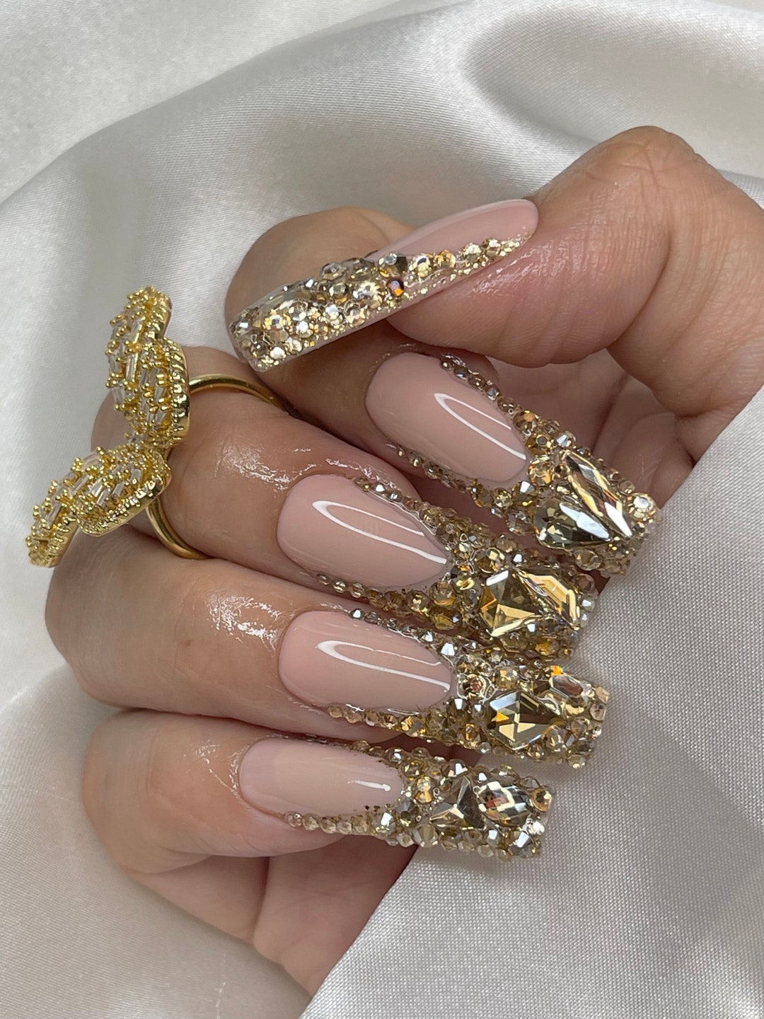 Luxurious Gold Bling French Tip Press on Nails + Free Prep Kit |bright ...