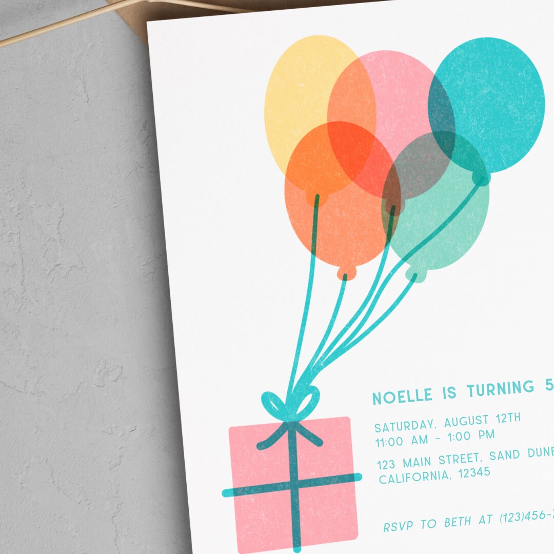 Balloon Birthday Invitation Gender Neutral Kid's Birthday Invitation ...