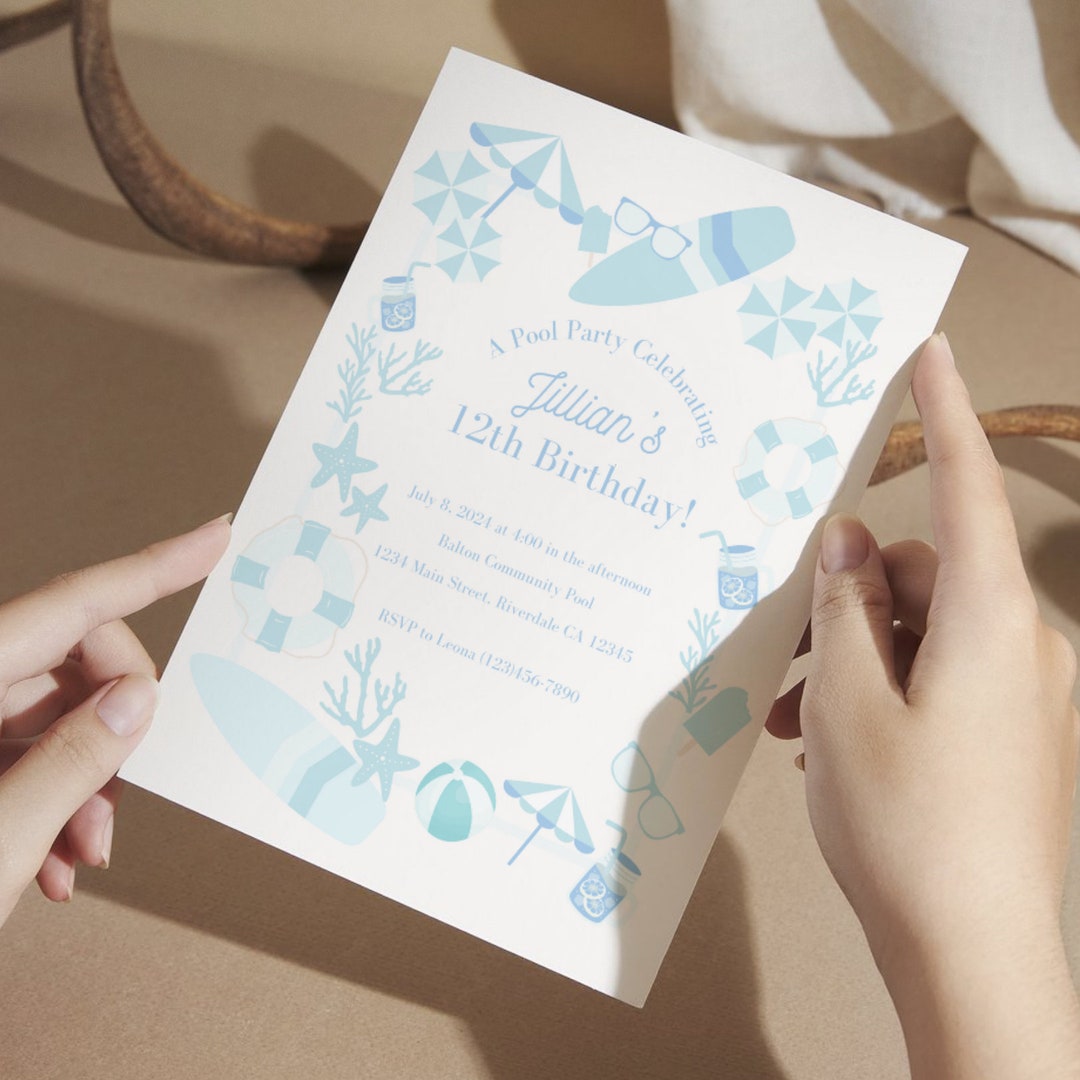 Blue Pool Party Printable Pool Party Invitation Girls Summer Birthday ...