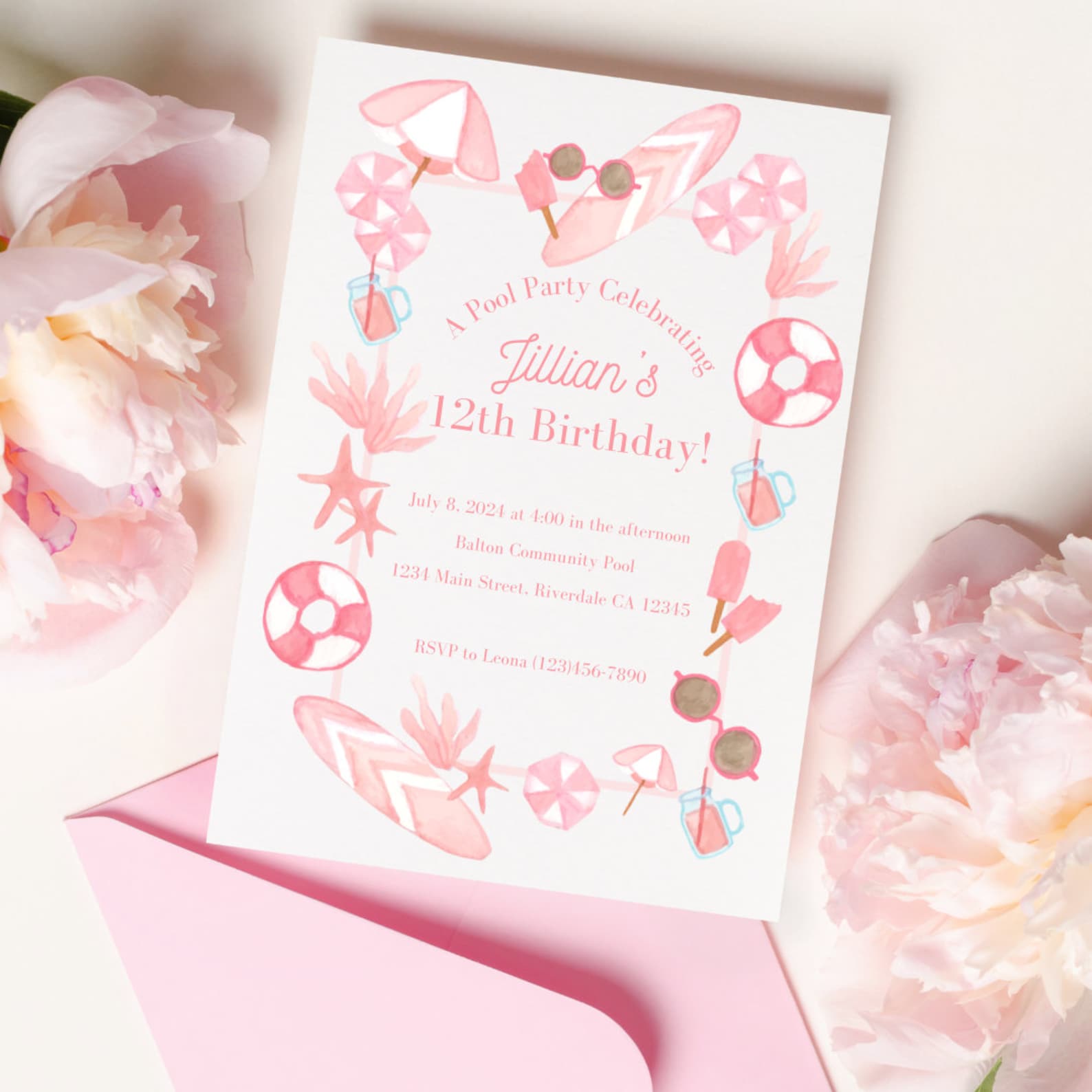 Pink Pool Party Invitation Girls Summer Birthday Party Invitation Pink ...