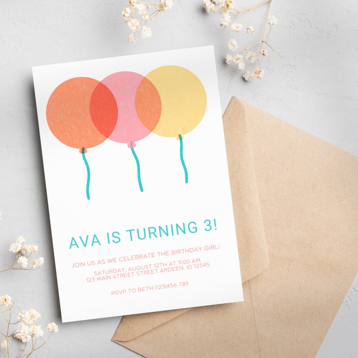 Simple Birthday Invitation Template 3 Year Old Birthday Invitation ...