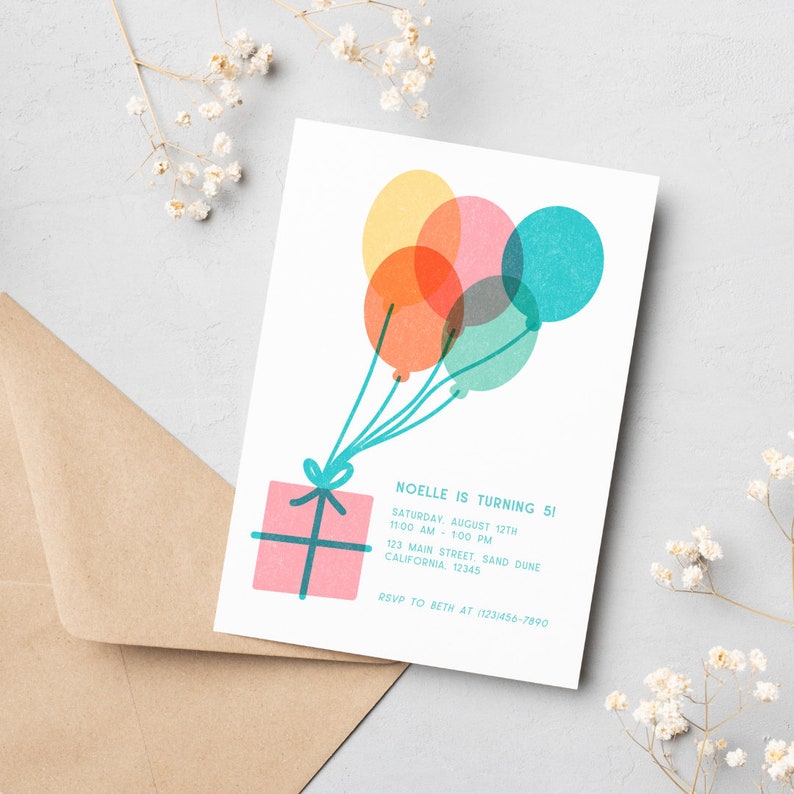 Balloon Birthday Invitation Gender Neutral Kid's Birthday Invitation ...