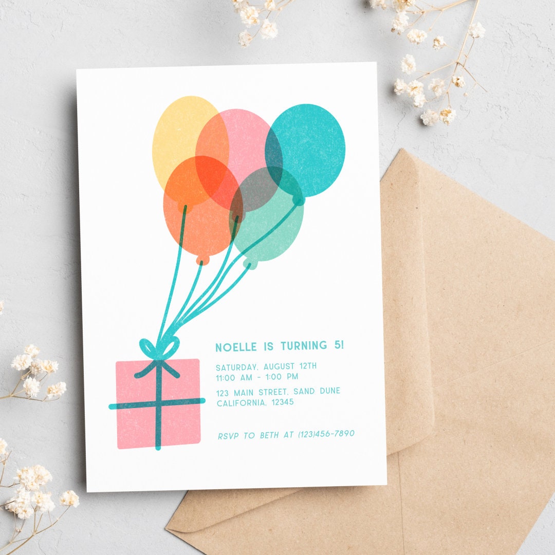 Balloon Birthday Invitation Gender Neutral Kid's Birthday Invitation ...