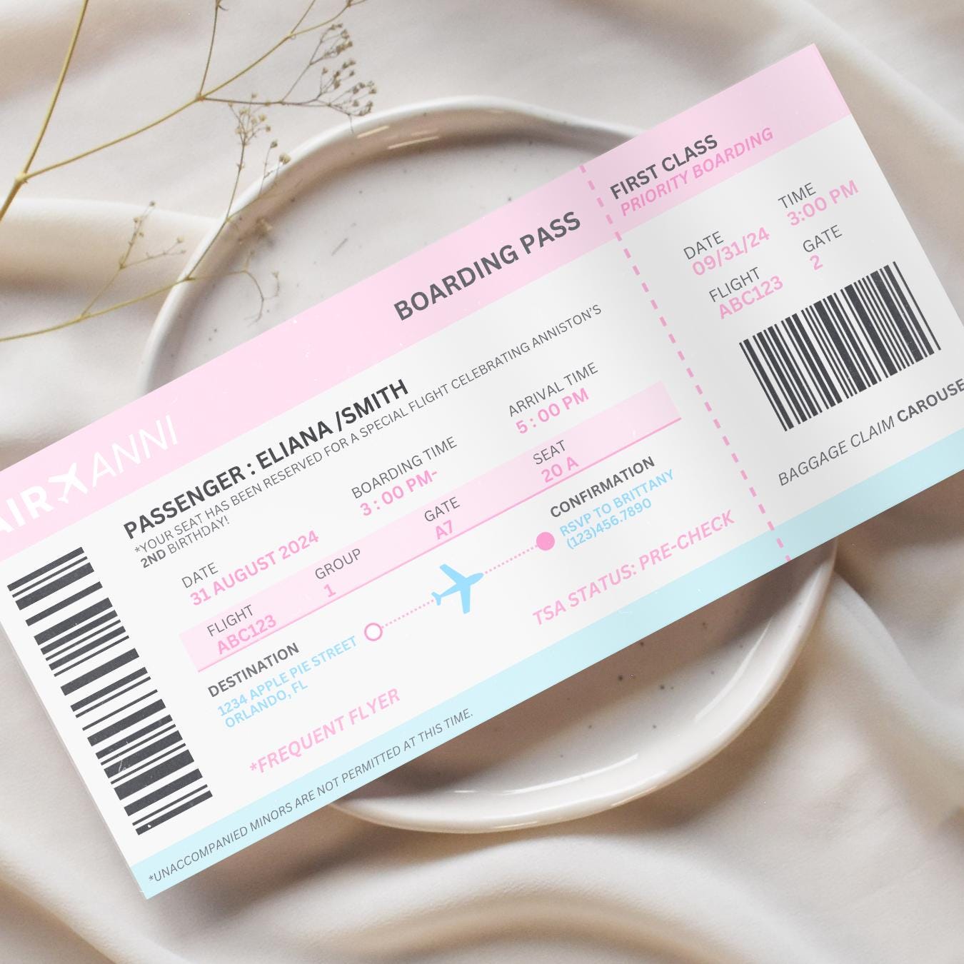 Custom Airplane Boarding Pass Invitation for Girls Airplane Birthday ...