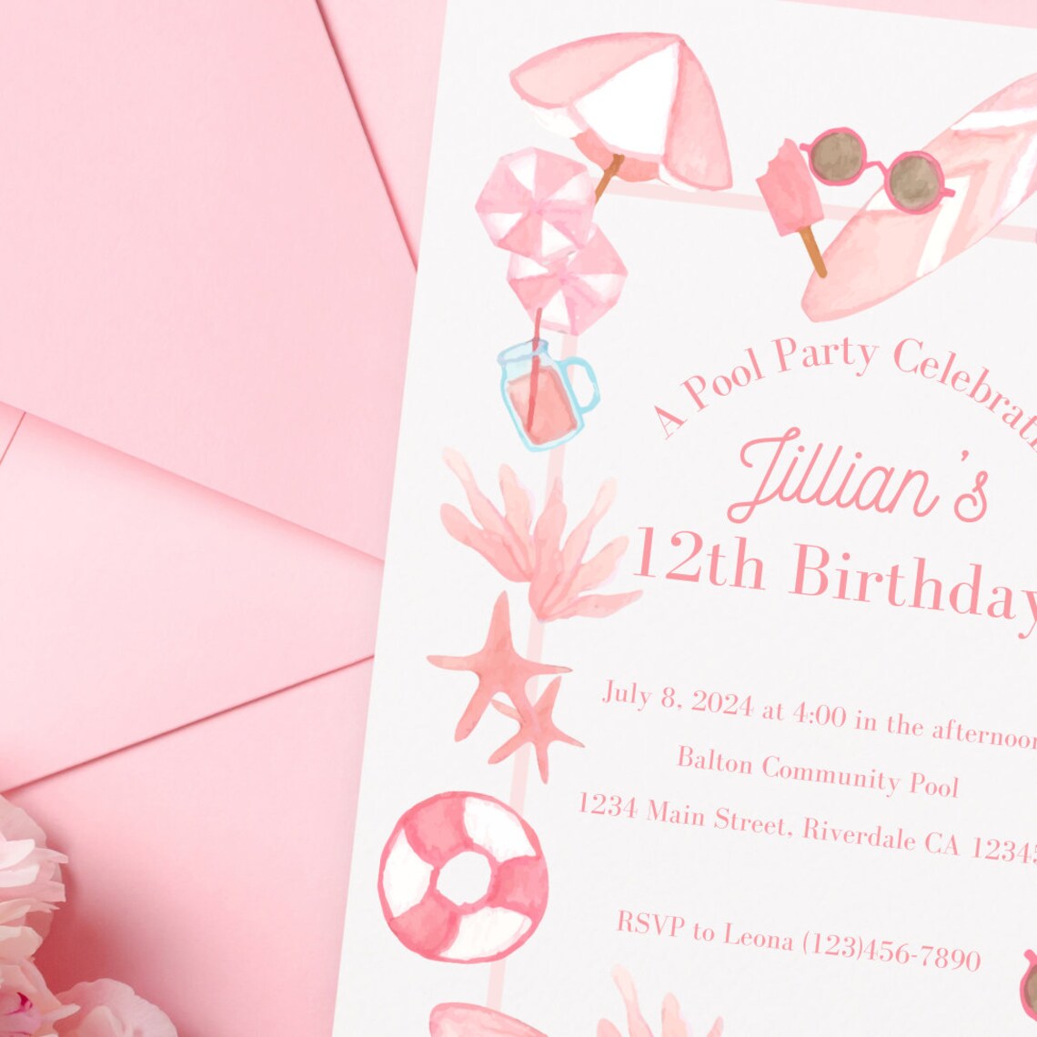 Pink Pool Party Invitation Girls Summer Birthday Party Invitation Pink ...