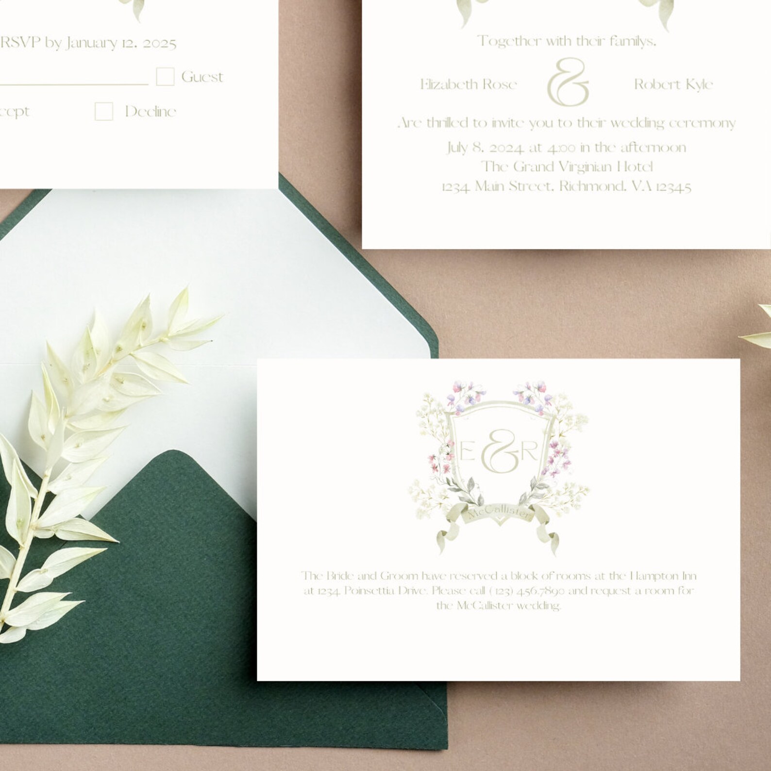 Garden Wedding Floral Crest Wedding Invitation Template With RSVP Card and Accommodation Card ...
