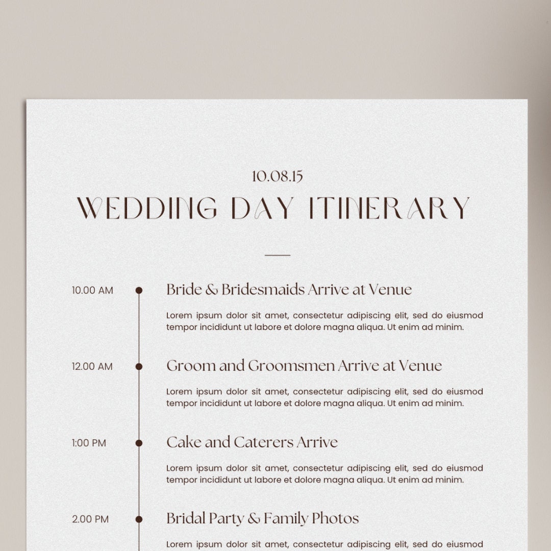 Editable Wedding Day Itinerary Template Printable Wedding Itinerary ...