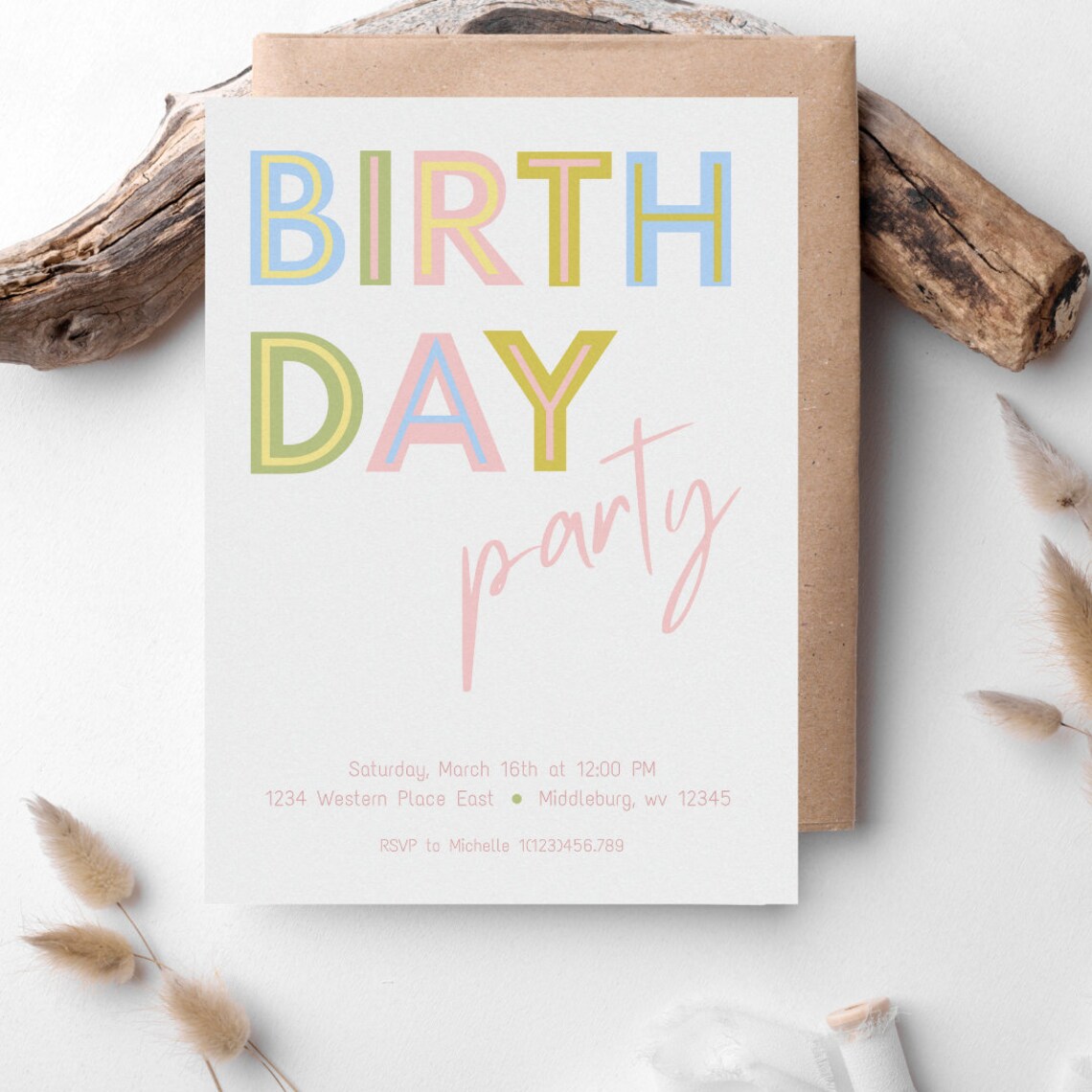 Editable Birthday Party Invitation Pastel Spring Birthday Invitation ...