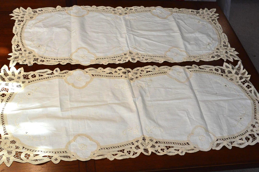 VTG Beige Linen Battenburg Lace Table Scarf Runners 17 X 45" Set of 2 ...
