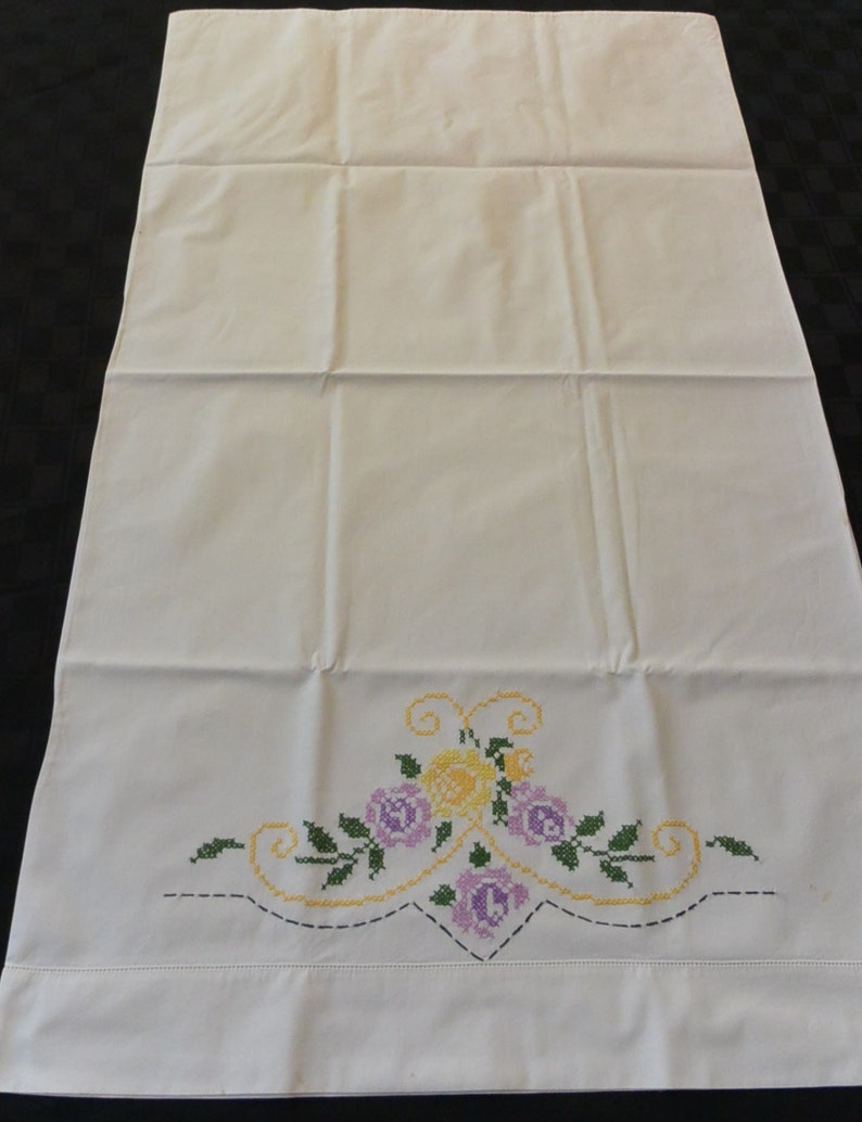 VTG Standard Pillowcase Embroidered Cross Stitch Purple Yellow Green - Etsy