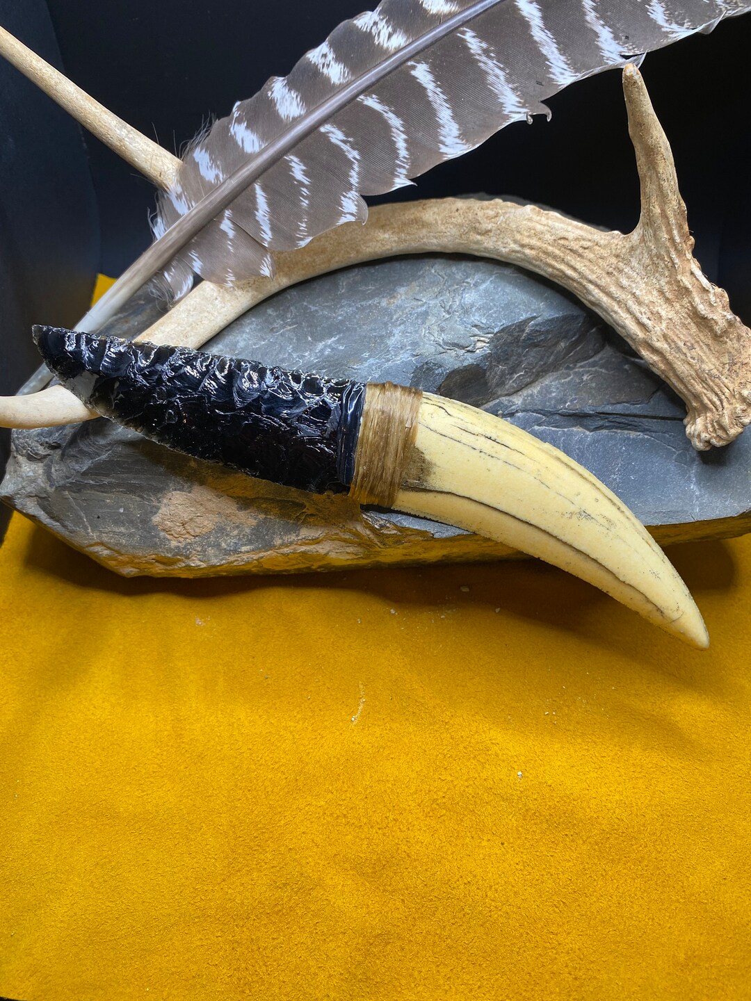 Sabertooth Tiger Handle Obsidian Stone Blade Primitive Flintknapped ...