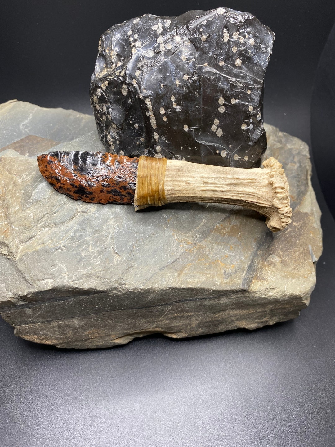 Knapped Stone Knife - Tri Flow Obsidian Blade - Roe Antler Handle ...