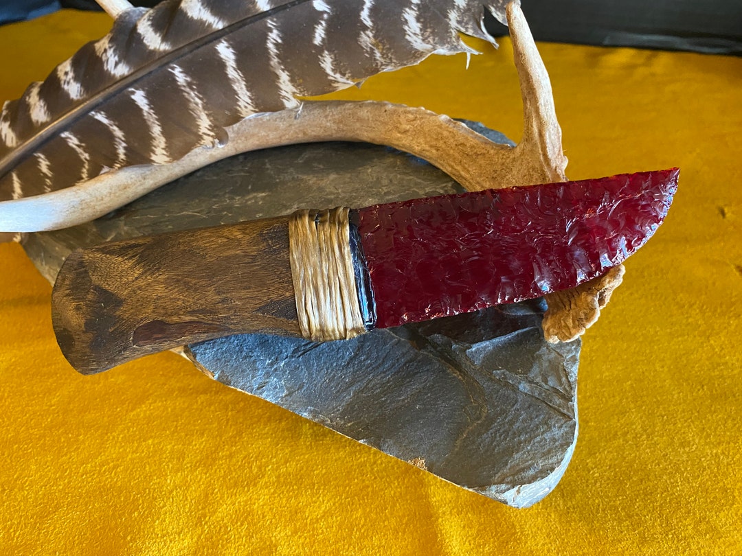 Red Fire Glass Blade Knife - Crepe Myrtle Handle - Flintknapped ...