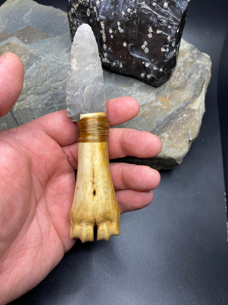 Knapped Stone Knife Georgetown Flint Blade Deer Leg Bone Handle Knapped ...