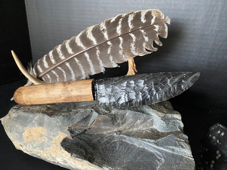 Knapped Stone Knife Silver Sheen Obsidian Blade Handmade Wood Handle ...