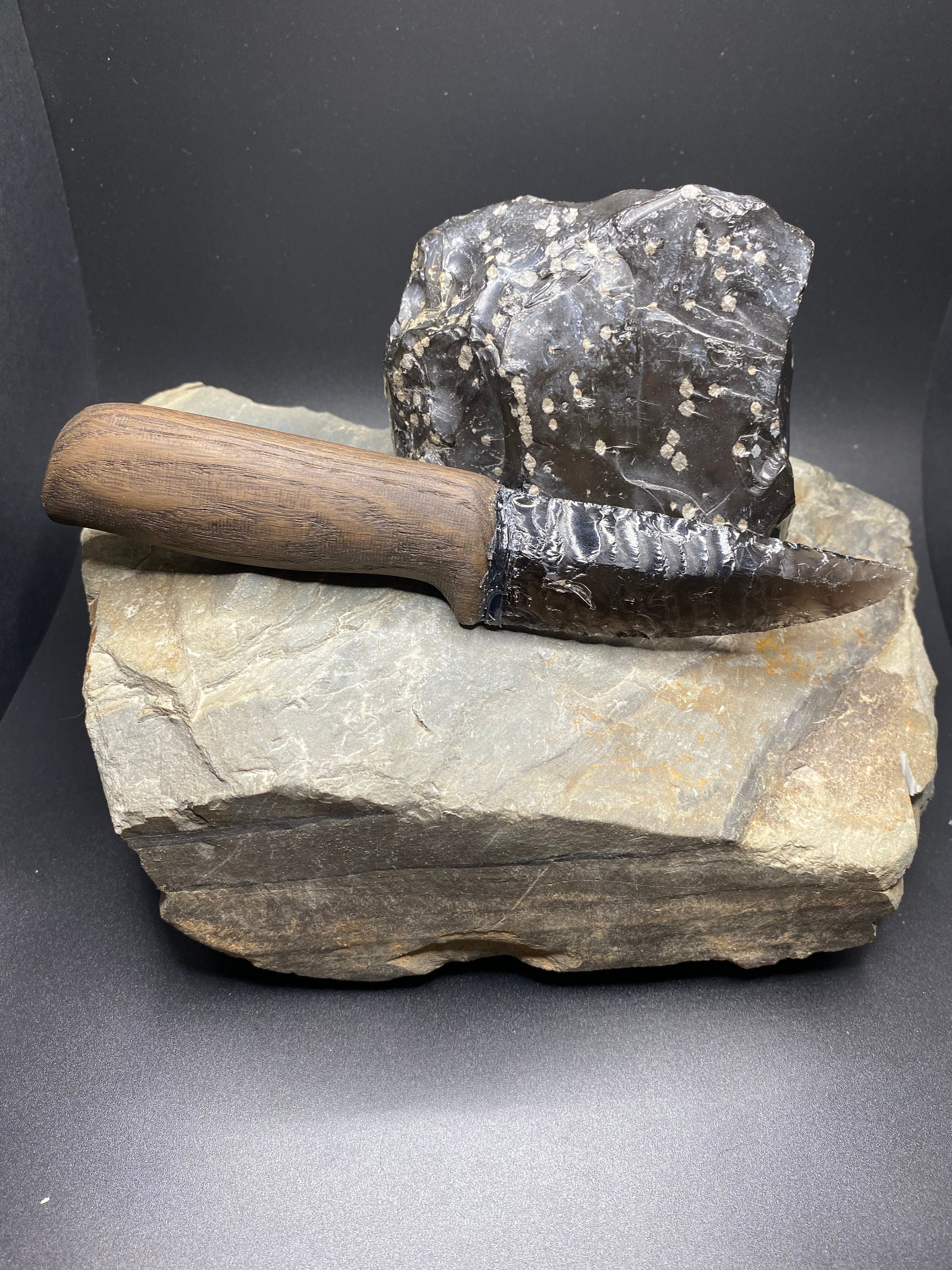 Knapped Stone Knife - Rainbow Obsidian Blade - Bog Oak Wood Handle ...